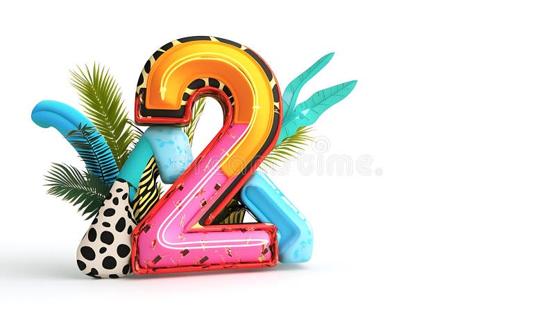 Bright and Colorful Number 2 with Bold Patterns and Tropical Leaves ...