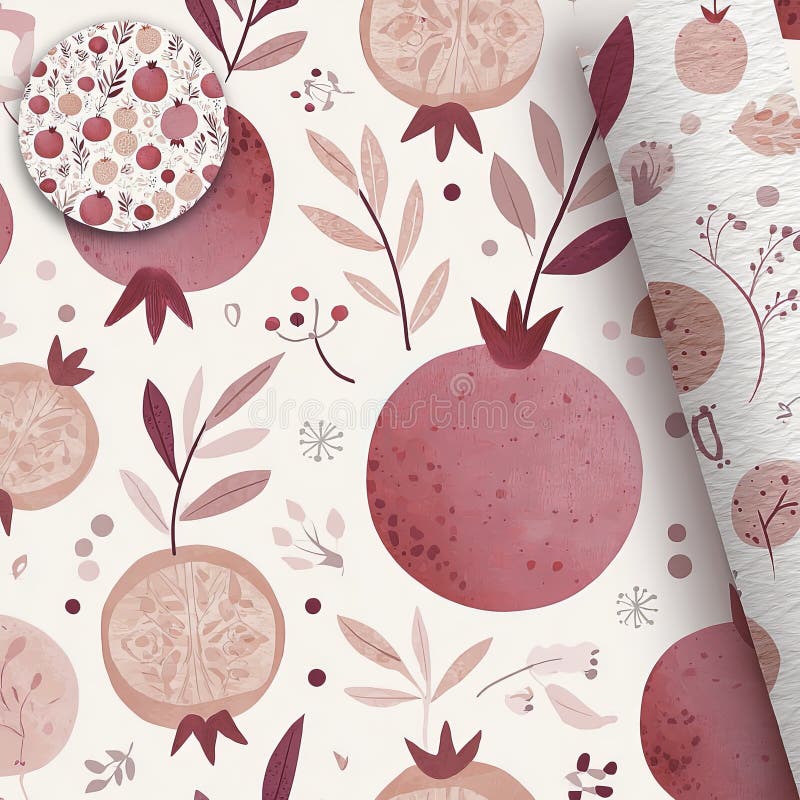 Bright and Colorful Pomegranate Pattern Design Featuring Botanical Elements on Textured ...