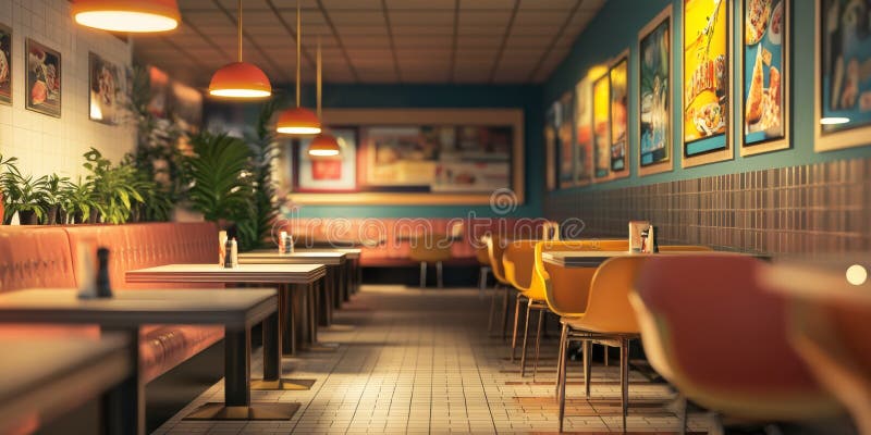 Bright and Colorful Restaurant Interior Featuring Rows of Seating ...
