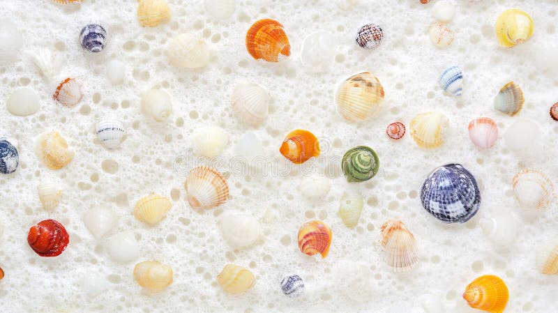 Bright and Colorful Sea Shells Scattered on Soft White Sand Background ...