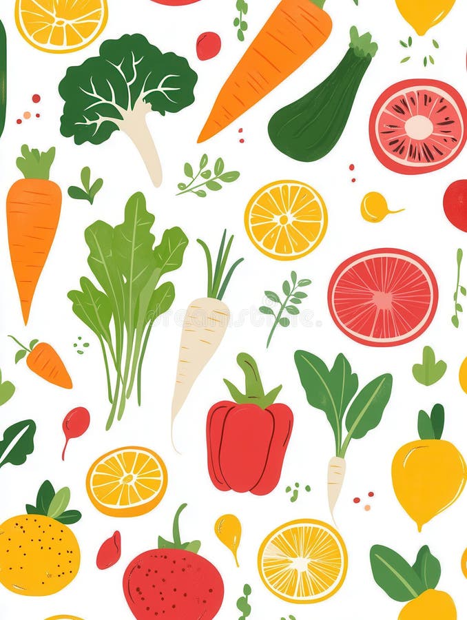 Bright and Colorful Seamless Pattern of Fresh Vegetables and Fruits in ...