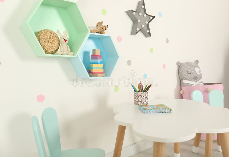 Bright Shelves on Light Wall in Room. Interior Design Stock Photo ...