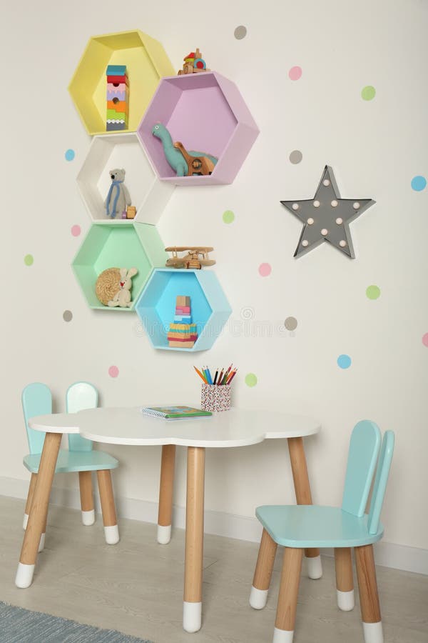 Bright Shelves on Light Wall in Room. Interior Design Stock Photo ...