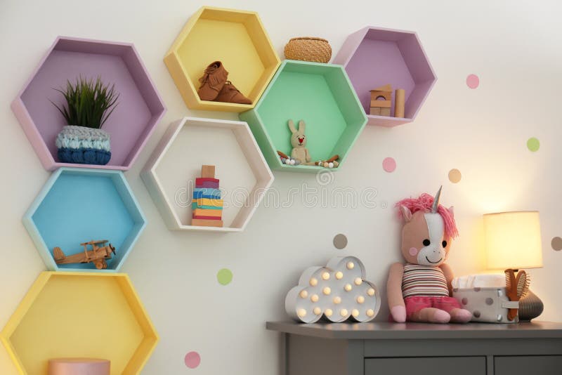 Bright Colorful Shelves on Light Wall in Room. Interior Design Stock ...