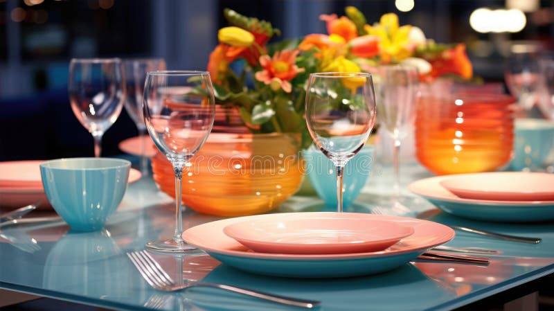 Bright Colorful Table Setting with Multi-colored Ceramic Dishes in ...