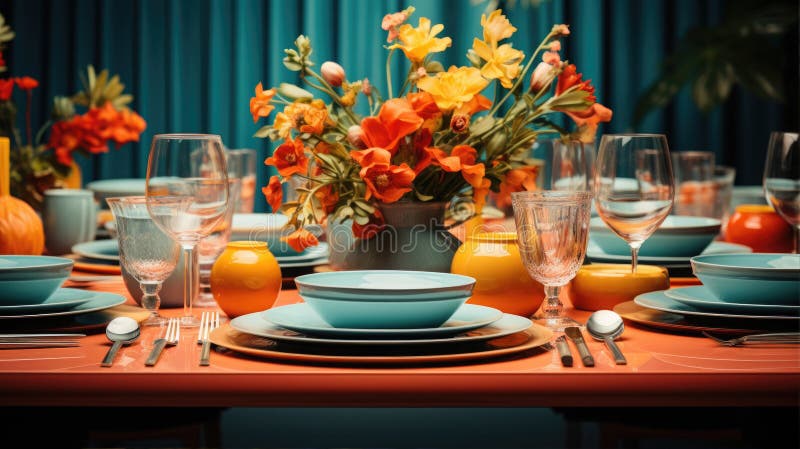 Bright Colorful Table Setting with Multi-colored Ceramic Dishes in ...