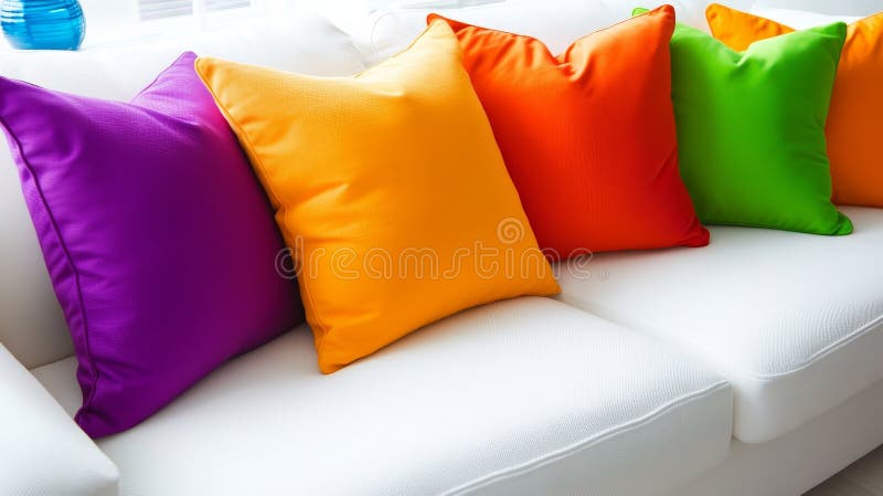 Bright and Colorful Throw Pillows on a White Leather Sofa Modern ...