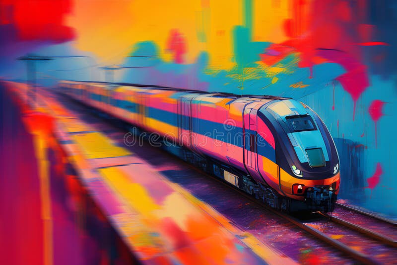 Bright Colorful Train in Motion on Rails. Modern Train on Background of ...