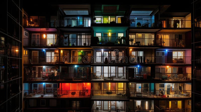 Front View of Building Facade with Colorful Windows at Night ...
