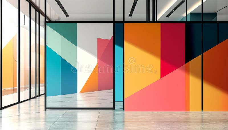 Modern Office Interior with Vibrant Geometric Patterns Illuminating the ...