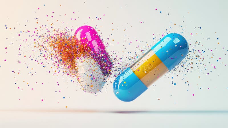 Colorful Particles Spill from a Split Capsule Creating an Explosion of ...