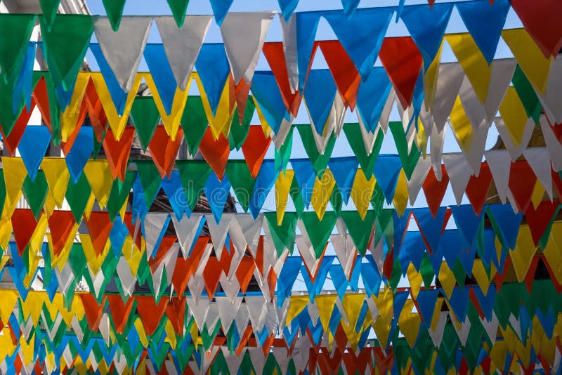Bright Coloured Triangular Flags Hang Closely Together from Line Stock ...
