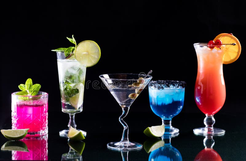 Bright Colourful Cocktails in a Row, Against a Black Background. Stock ...