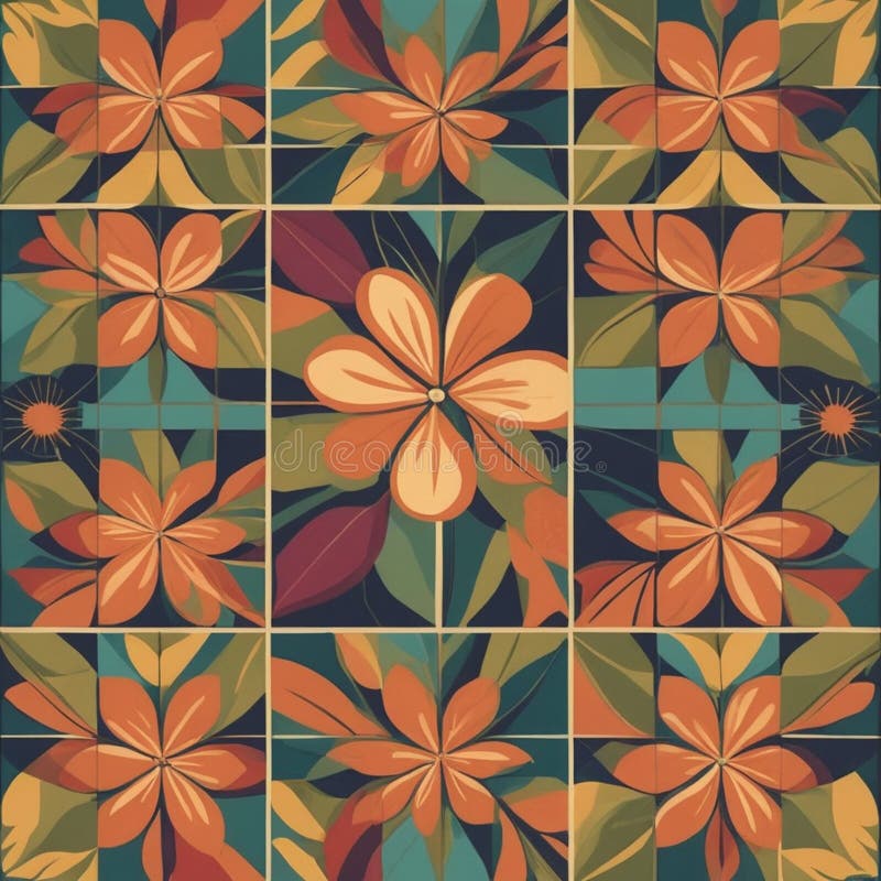 A Bright and Colourful Flower Seamless Pattern with a Square Grid Stock ...