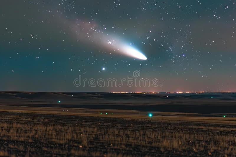 A Bright Comet in the Night Sky, Glowing with White Light Against Black ...
