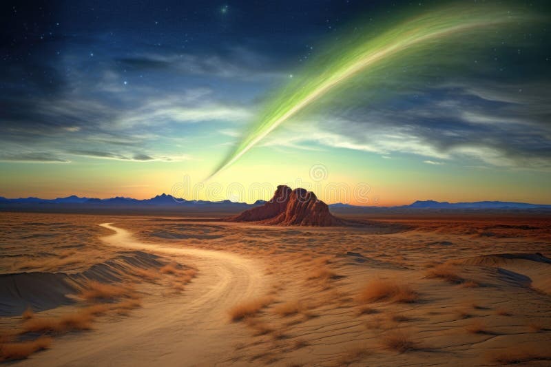 Bright Comet Tail Glowing Over Vast Desert Landscape Stock Illustration ...