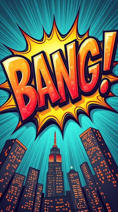 Bright Comic Style Explosion with Text in City Backdrop Stock ...
