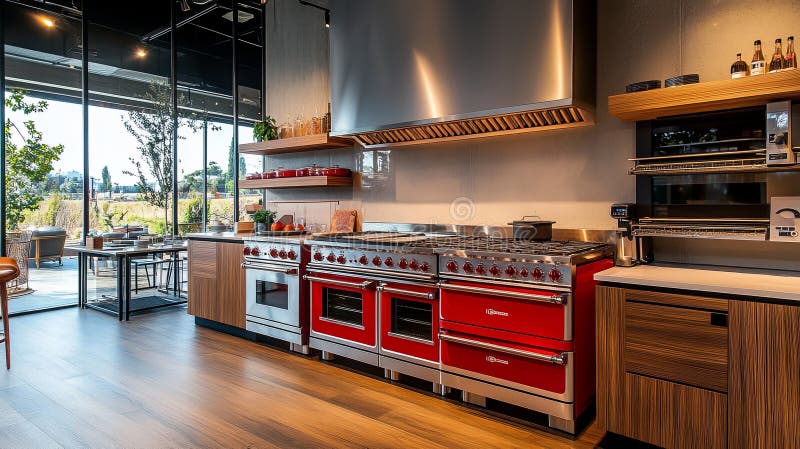 A Bright Commercial Kitchen Display Featuring Professional-grade Ovens ...
