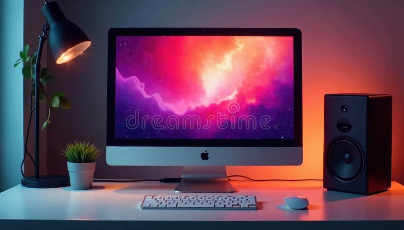 Bright Computer Screen, Minimalist Desk Setup , Geometric, Clean Stock ...