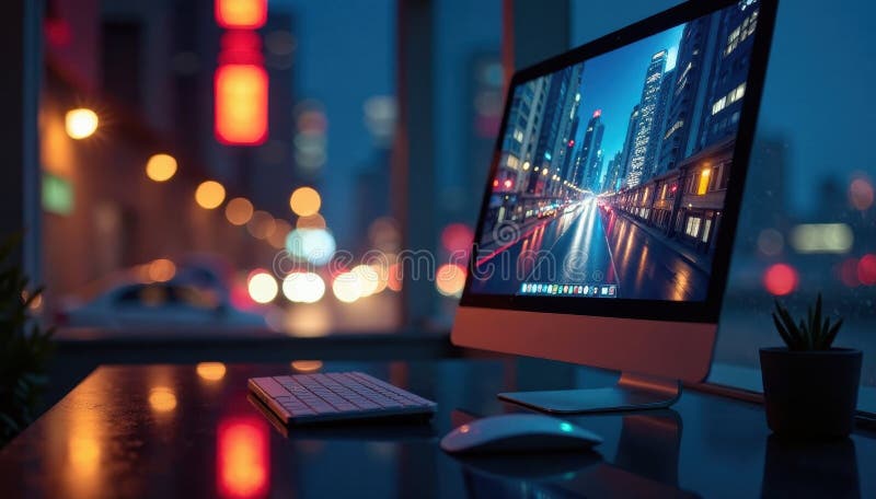Bright Computer Screen Reflecting City Lights Glass Desk Modern ...