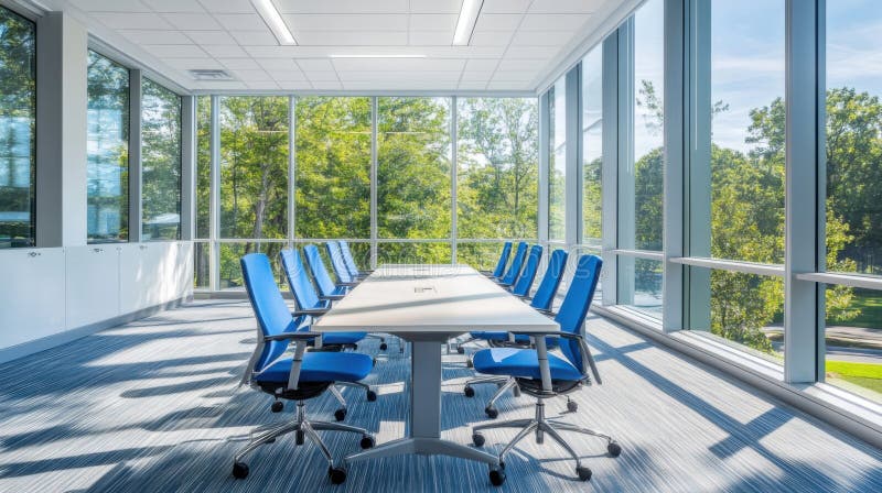Modern Conference Room with Large Windows and Blue Chairs Overlooking a ...