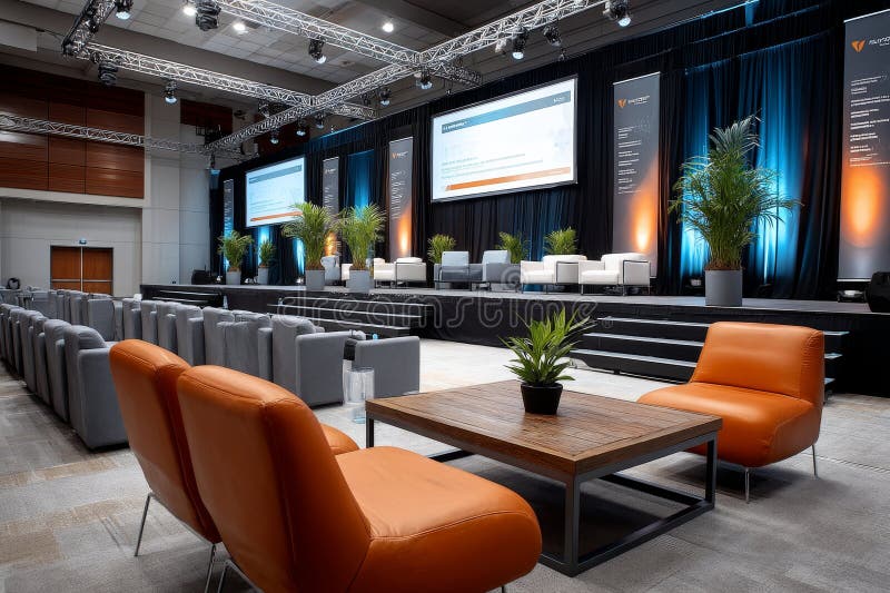 Bright Conference Stage Illuminated in Dark Blue and Orange, Ready for ...