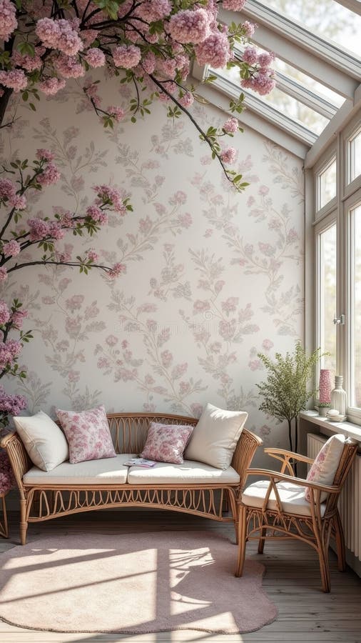 Bright Conservatory with Floral Wallpaper and Rattan Furniture in ...