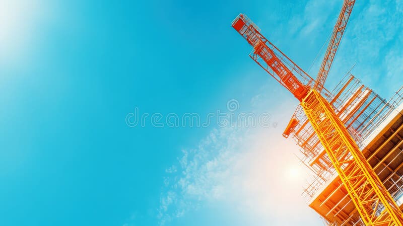 Bright Construction Crane Against Clear Blue Sky, Sunlight, Modern ...
