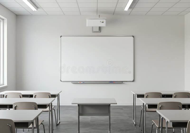 Bright Contemporary Classroom Featuring Whiteboard, Desks, and ...