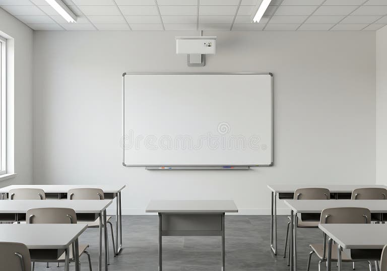 Bright Contemporary Classroom Featuring Whiteboard, Desks, and ...