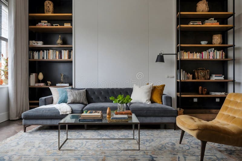 Bright Contemporary Interior Living Room with Couch and Book Shelf ...