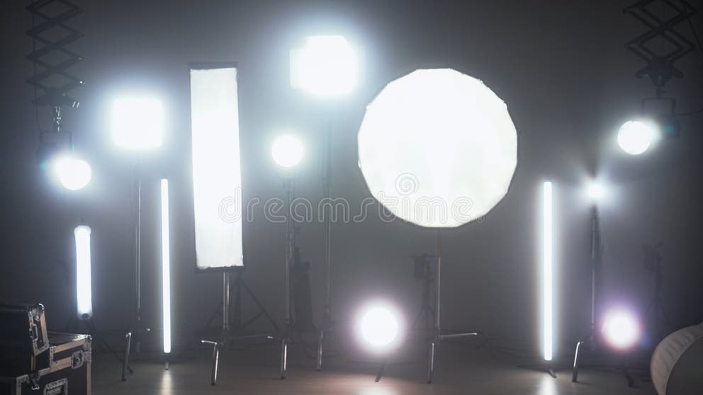 Bright Continuous Lights Setup on Professional Film Set. Backstage ...