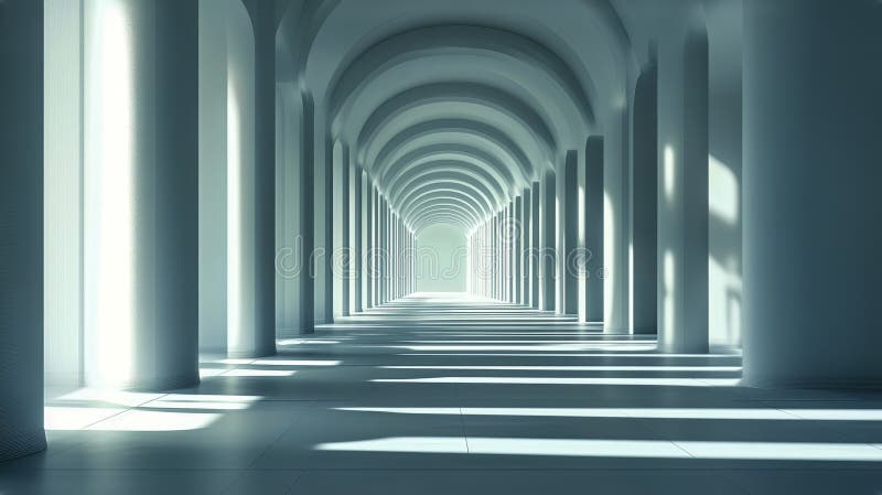 Bright Corridor with Arches and Columns Showcasing Light Patterns in a ...