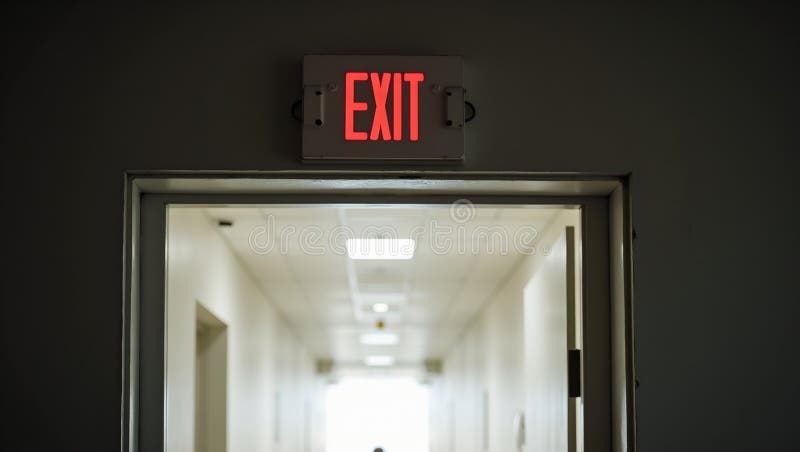 Bright Corridor with Exit Sign Above Doorway Stock Illustration ...