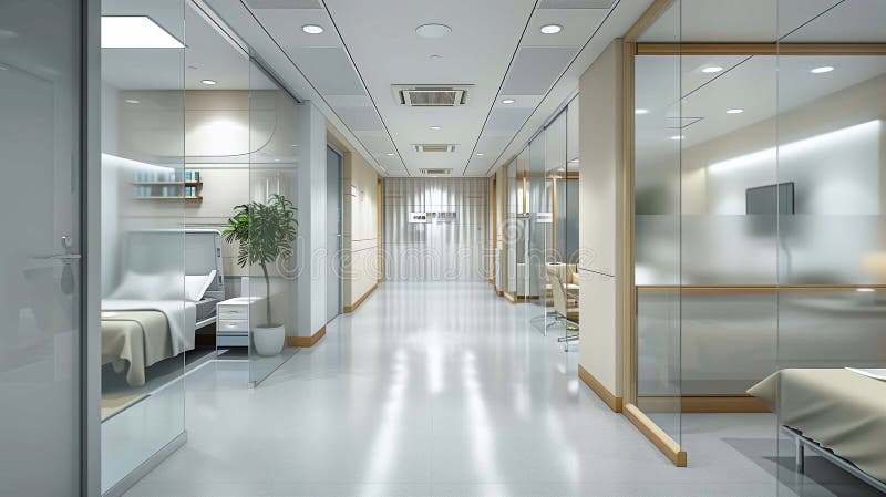 Bright Corridor in a Polyclinic with Patient Rooms and Comfy ...