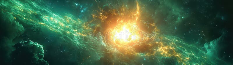 Bright Cosmic Explosion in Deep Space with Abstract Green Clouds Stock ...