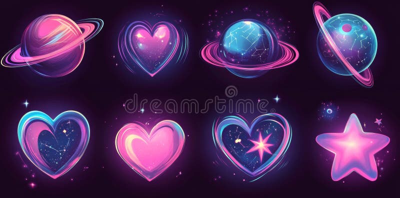 Bright, Cosmic Forms Showcasing Stars, Hearts, and Planets on a Dark ...