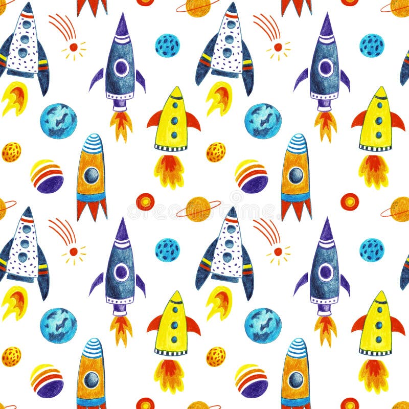 Bright Cosmic Pattern, with Rockets and Planets on a White Background ...