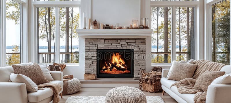 Bright and Cozy Living Room Interior with Fireplace, Large Windows and ...
