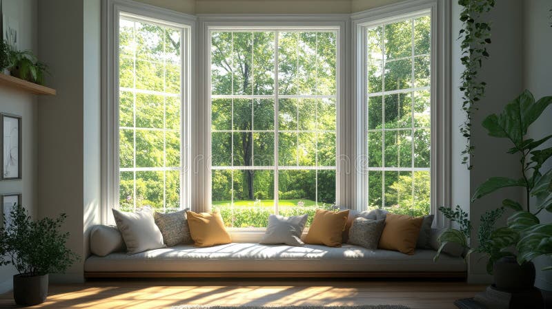 Bright Cozy Window Seat Surrounded by Lush Greenery and Sunlight Stock ...