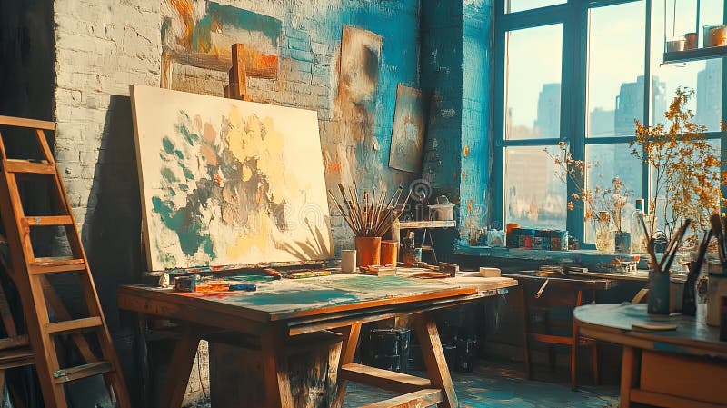 A Bright Creative Studio with Paints, Brushes, and Unfinished Canvases ...