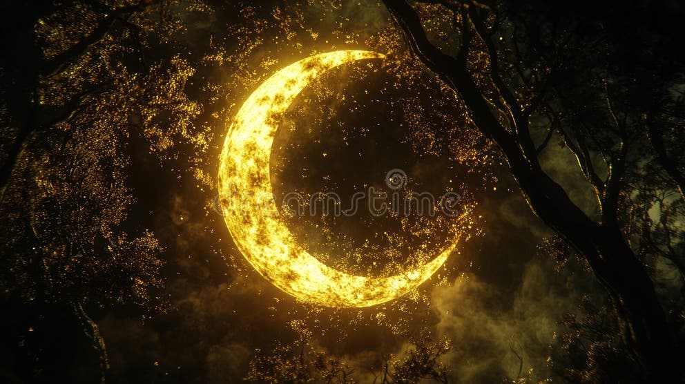 A Bright Crescent Moon Highlighted by Magical Golden Lights. Stock ...