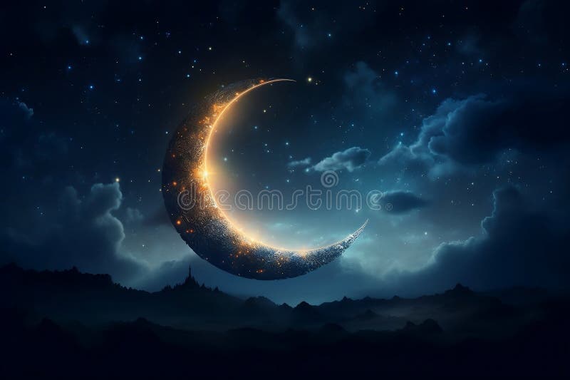 Bright Crescent Moon Illuminating the Night Sky. AI Stock Illustration ...