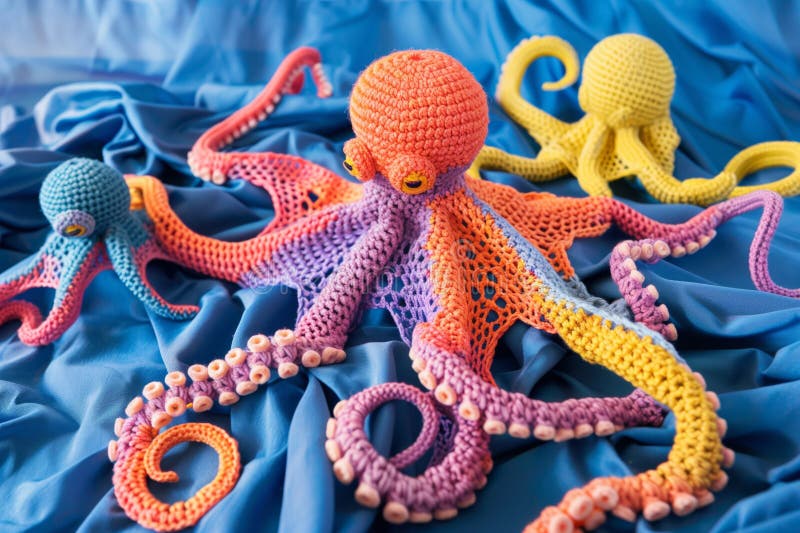 Bright Crocheted Octopus Toys on Blue Fabric Stock Image - Image of ...