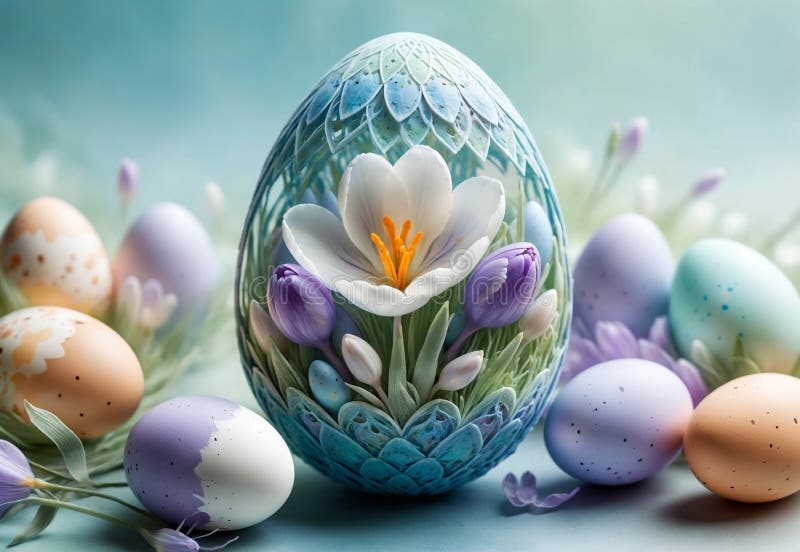 Bright Crocus Buds and Transparent Easter Egg on a Pastel Background ...