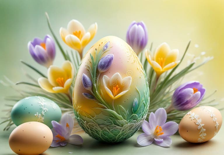 Bright Crocus Buds and Transparent Easter Egg on a Pastel Background ...