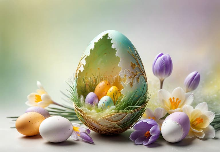 Bright Crocus Buds and Transparent Easter Egg on a Pastel Background ...