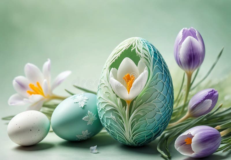 Bright Crocus Buds and Transparent Easter Egg on a Pastel Background ...