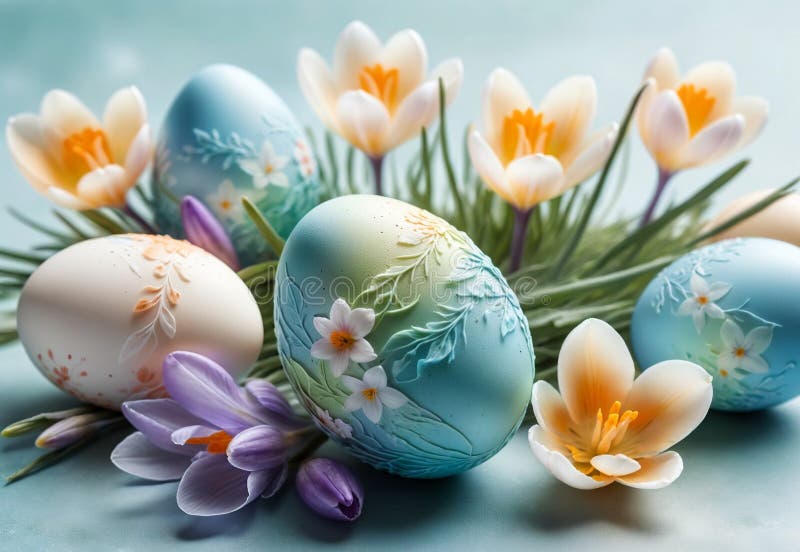 Bright Crocus Buds and Transparent Easter Egg on a Pastel Background ...