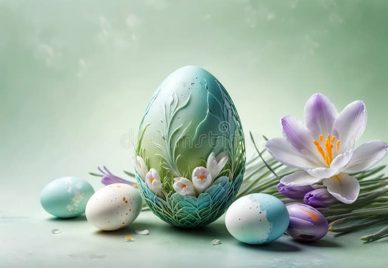 Bright Crocus Buds and Transparent Easter Egg on a Pastel Background ...